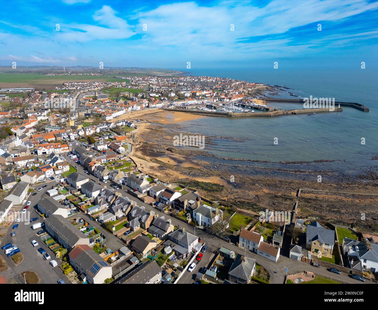 Aerial view of village of Anstruther in East Neuk of Fife, Scotland, UK ...