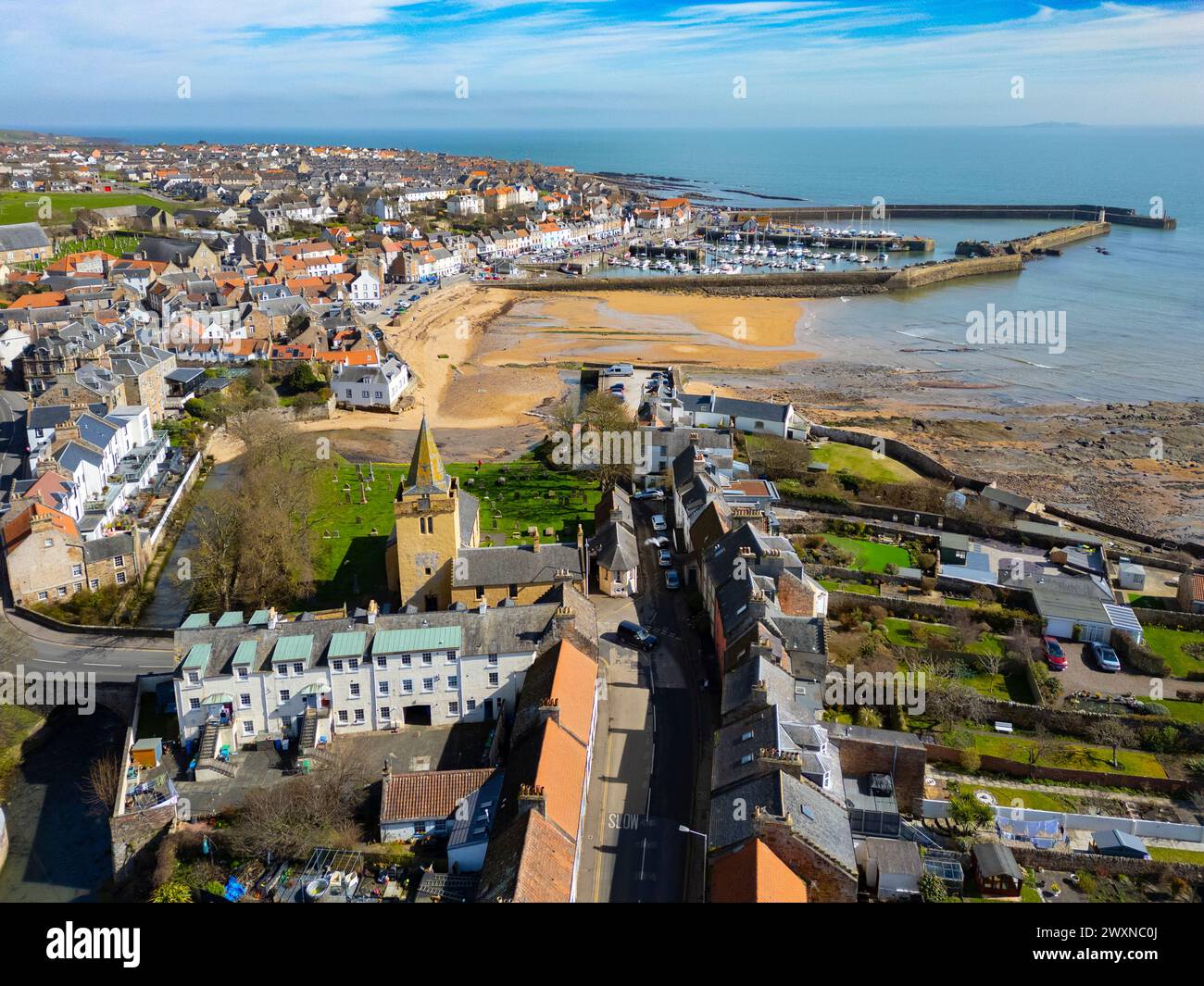 Aerial view of village of Anstruther in East Neuk of Fife, Scotland, UK ...