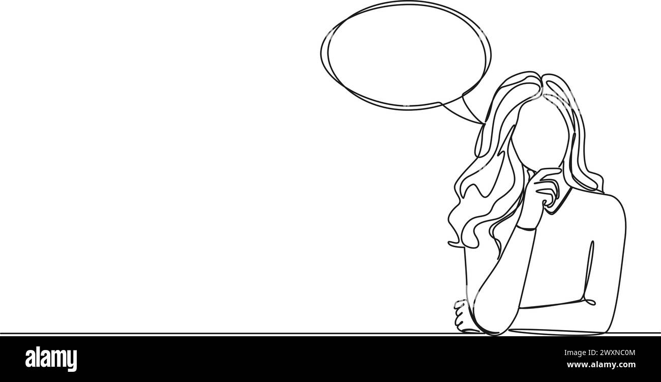 continuous single line drawing of skeptical woman with hand on chin ...