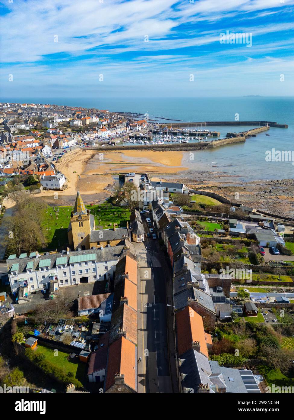 Aerial view of village of Anstruther in East Neuk of Fife, Scotland, UK ...