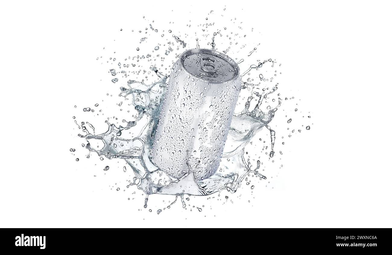 Blank white aluminum 330 ml soda can with drops splash mockup, 3d ...
