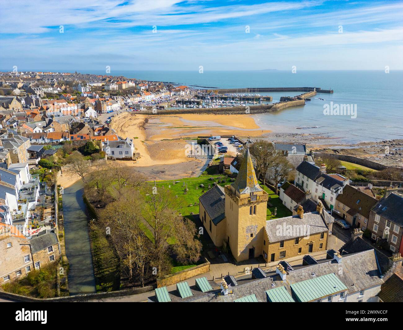 Aerial view of Dreel Halls in village of Anstruther in East Neuk of ...