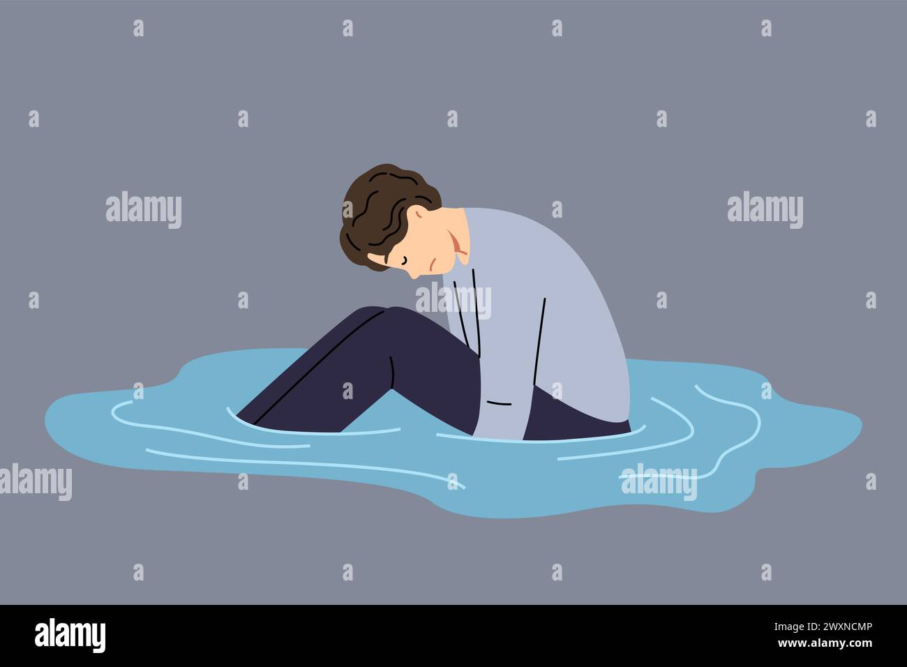 Depressed man sits in puddle of tears, feeling apathy after breaking up ...