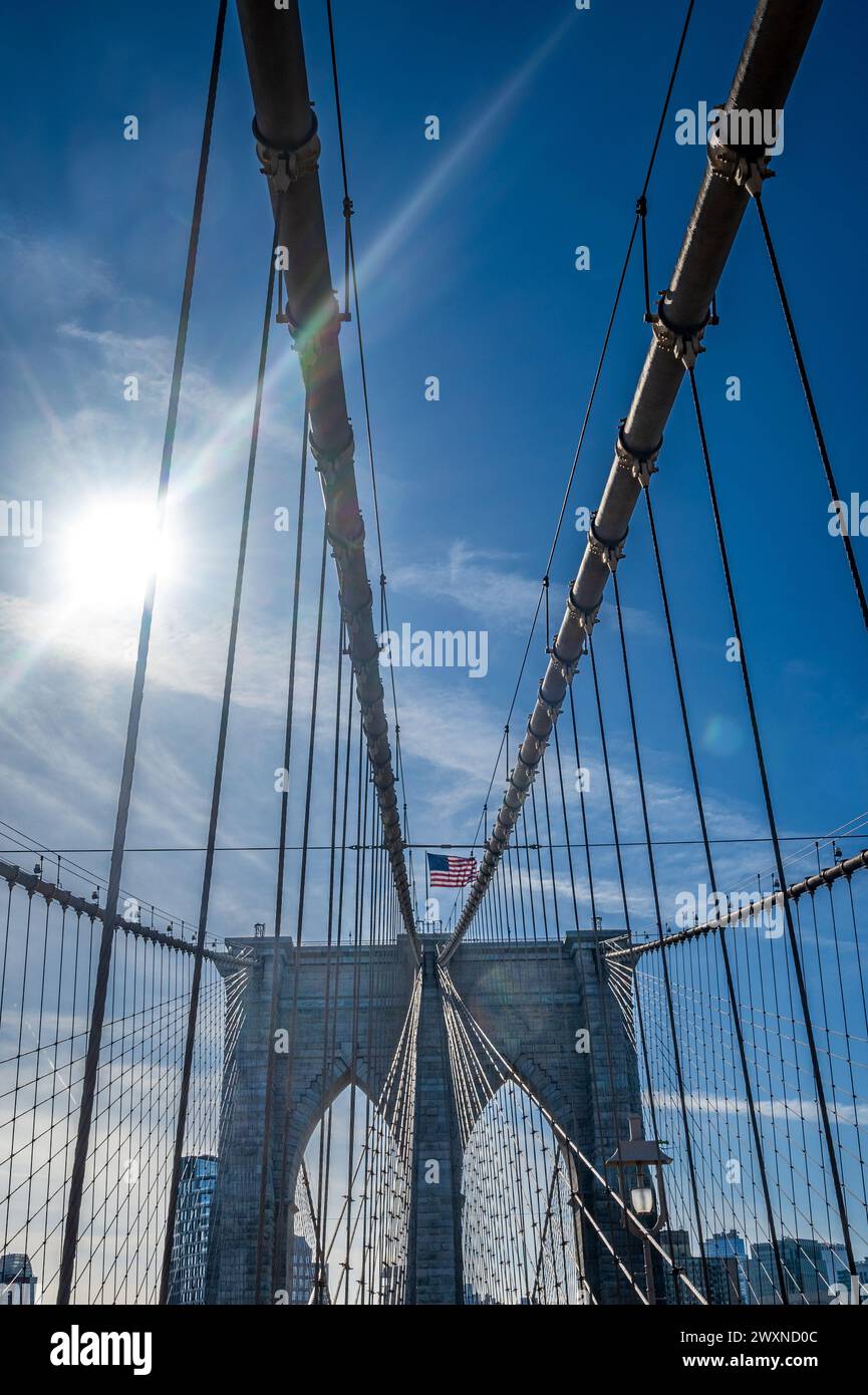 View from Brooklyn Bridge walkway in the New York City borough of ...