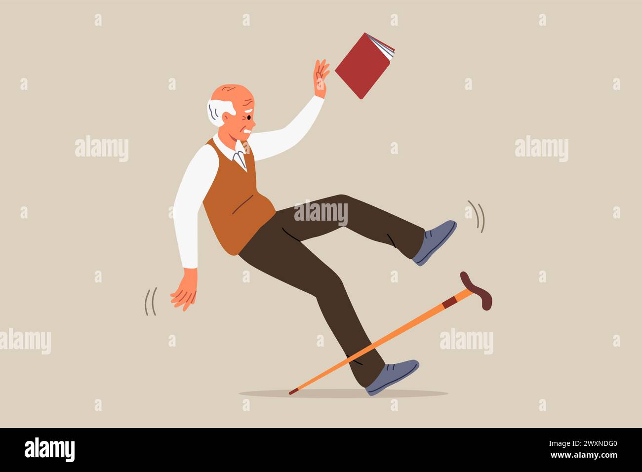 Accident involving elderly man who falls and slips on wet floor, risks injury or damage to spine ...