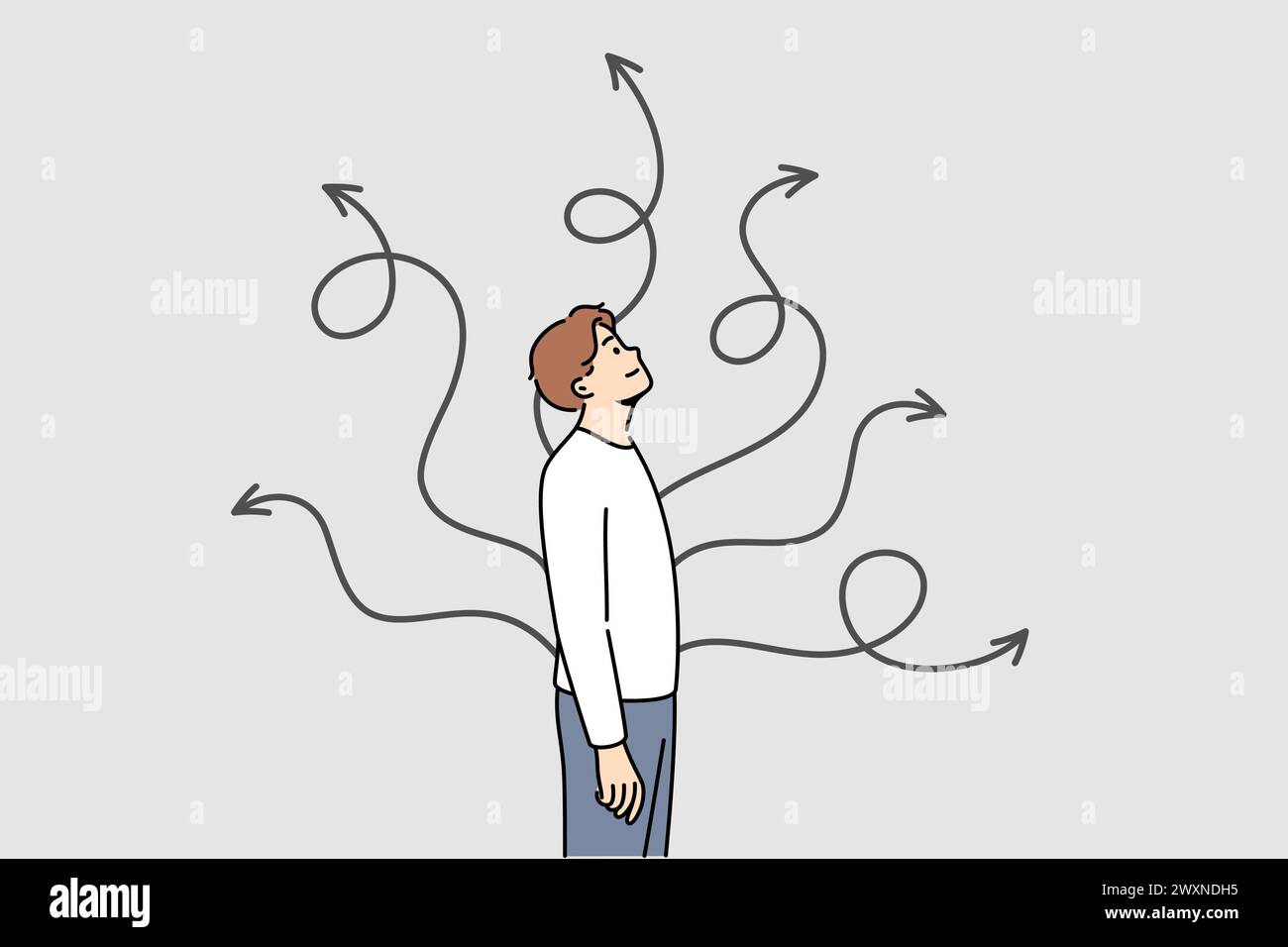 Man chooses way to solve situation, standing near arrows pointing in ...