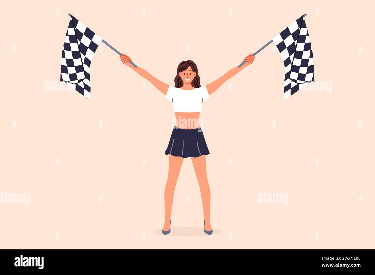 Woman holding racing flags in hands announces start extreme competition ...