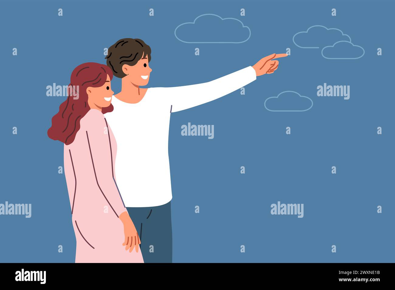 Couple in love with man pointing finger in direction telling bride ...