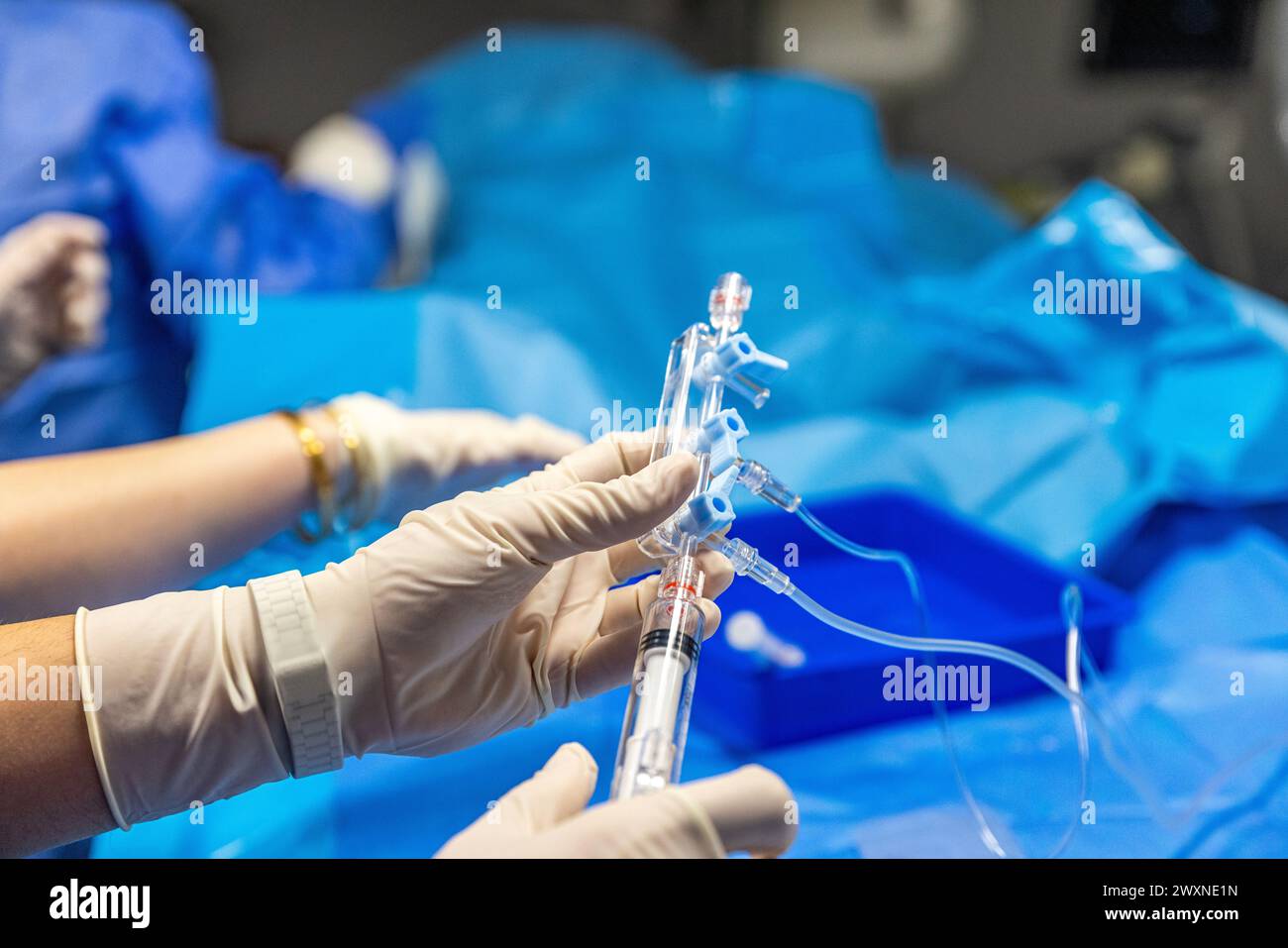 The procedure of inserting a double lumen catheter into a patient with ...