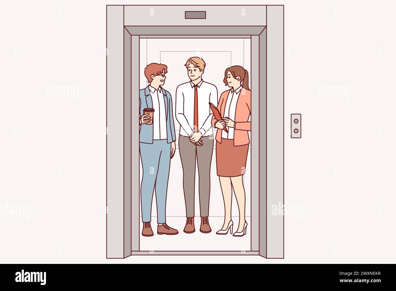 Business people ride in elevator together, going up to another ...