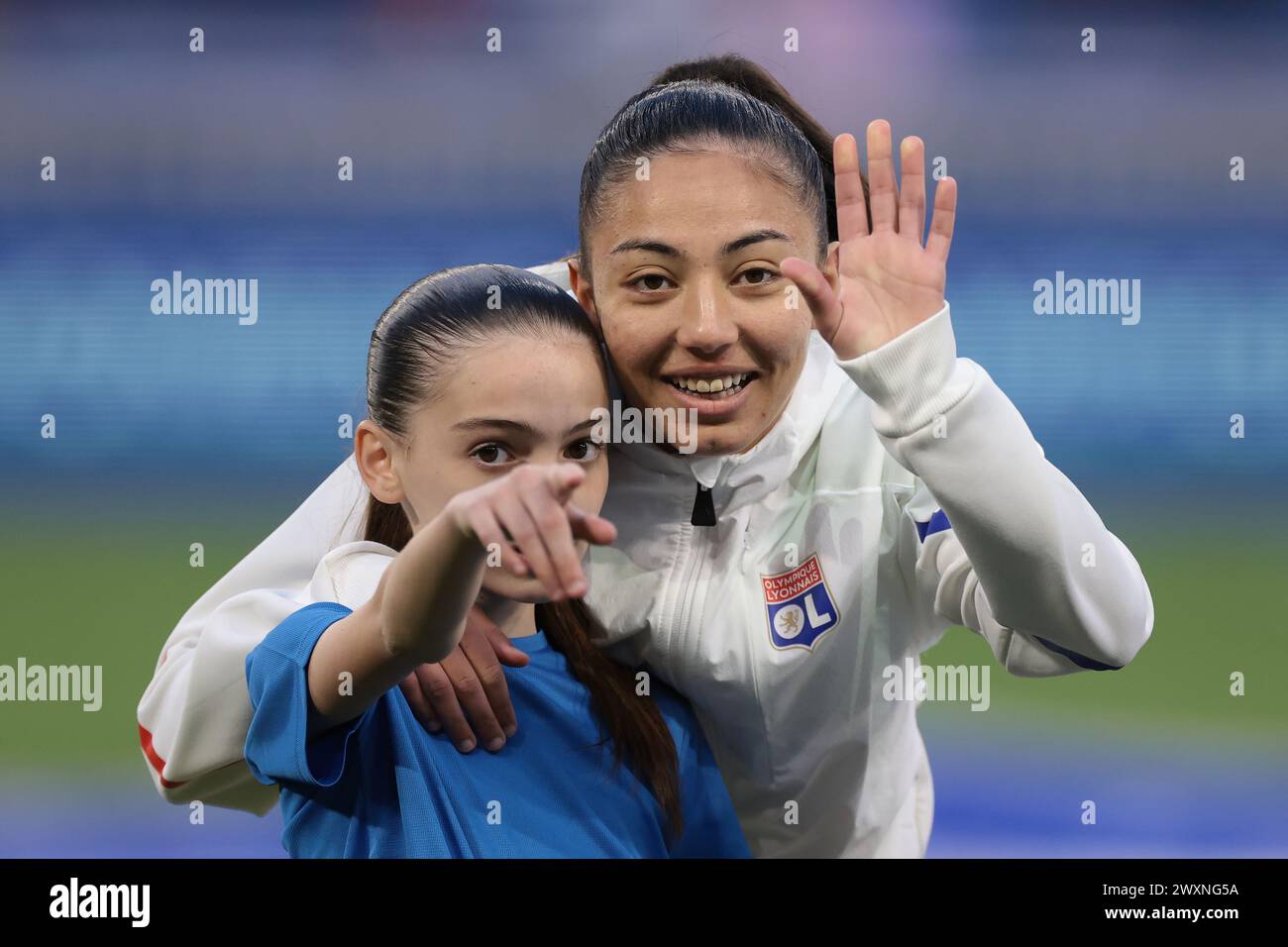 Lyon, France. 27th Mar, 2024. Selma Bacha of Lyon reacts with a young ...