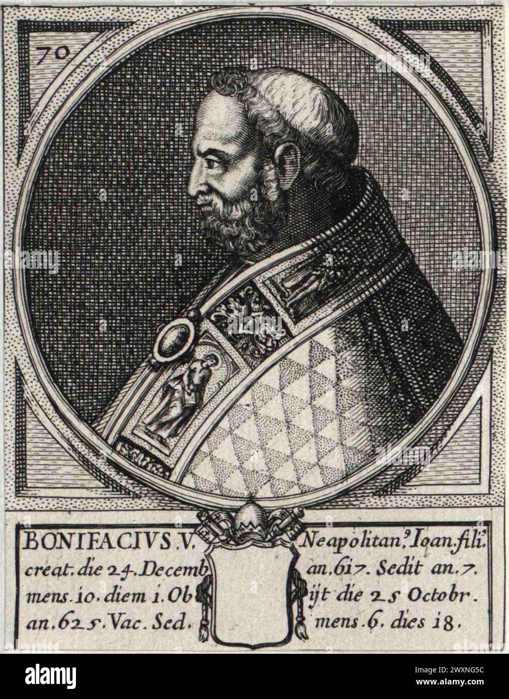A 16th Century engraving of Pope Boniface V who was pontiff from AD619 ...