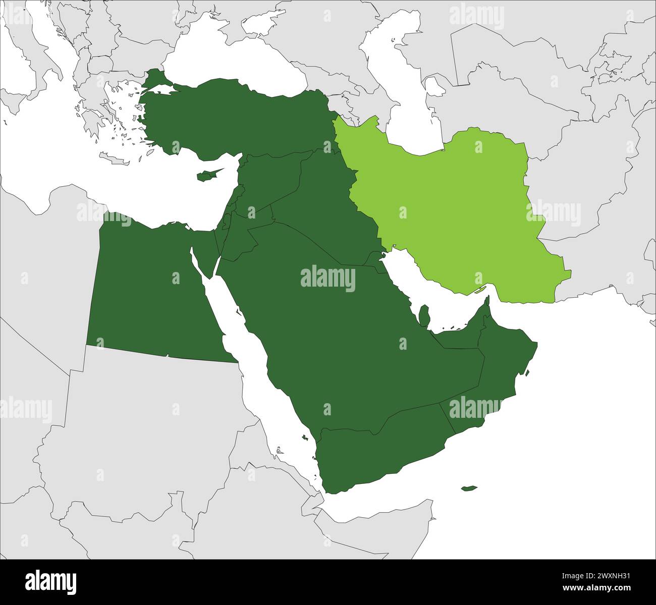 Light green map of IRAN inside highlighted dark green map of the Middle ...