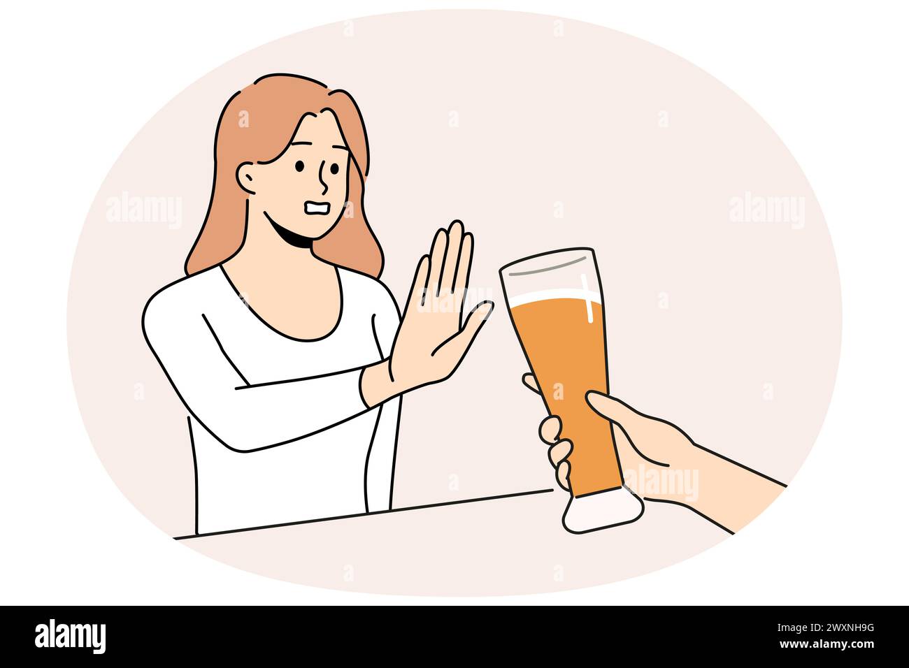 Woman refuse from extra glass of beer at bar. Decisive girl say no to ...