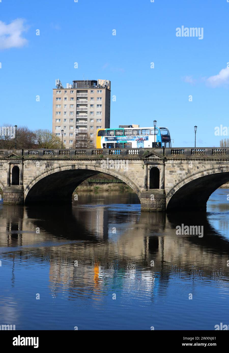 Stagecoach double deck bus crossing historic Skerton Bridge over River ...