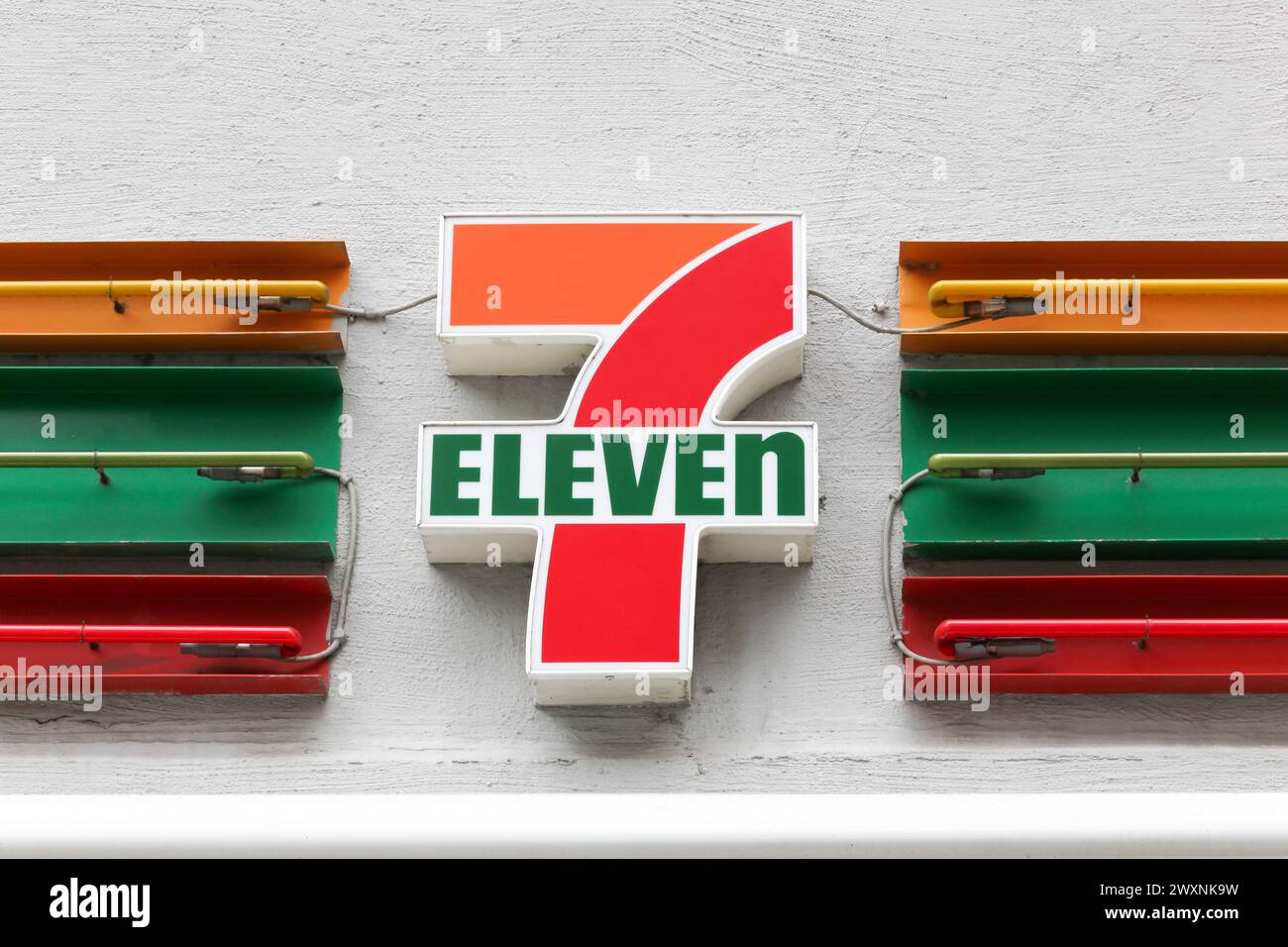Odense, Denmark - April 4, 2018: 7-Eleven logo on a wall. 7-Eleven is ...