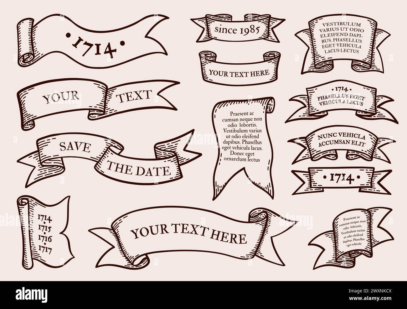 Ribbon banners. Retro hand drawn label, old line flag elements, scroll ...