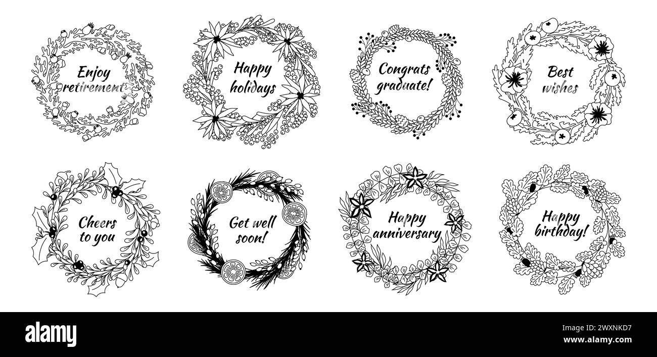 Flower wreaths. Floral boho round wedding logo, elegant circle frame ...