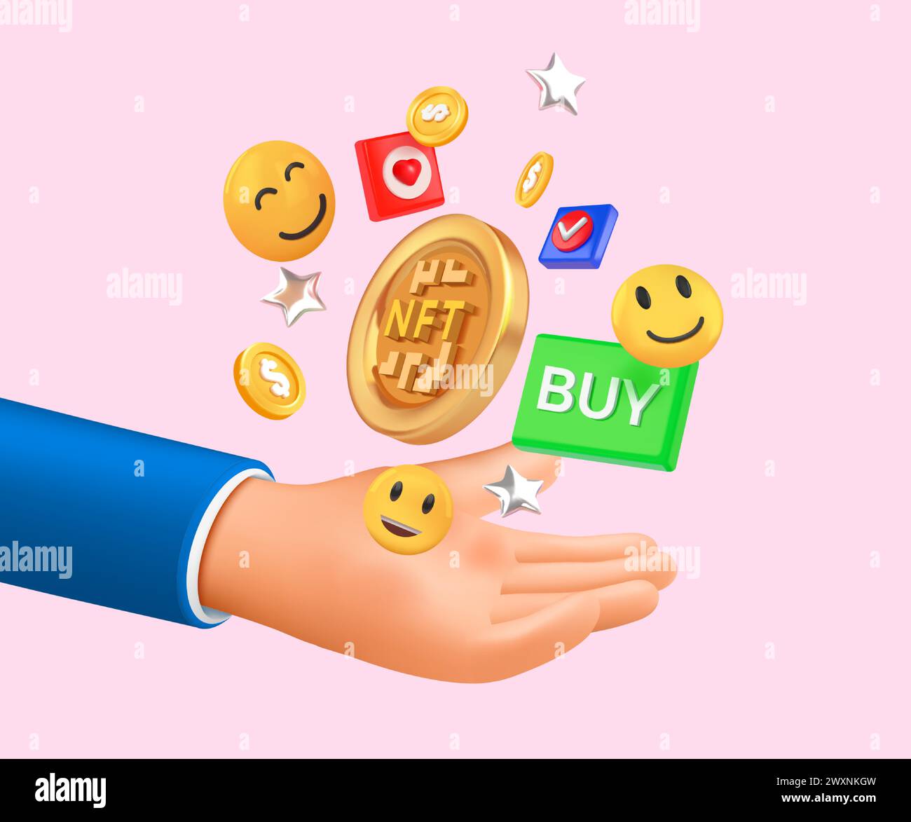 Crypto coins. 3D hand. Buy NFT tokens. Digital currency on palm. Golden ...