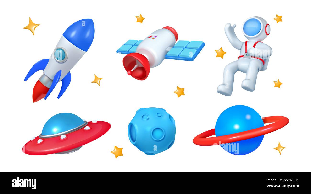 3D space. Planet and rocket icons. Astronaut in spacesuit. Earth satellite. Moon craters. Saturn ...
