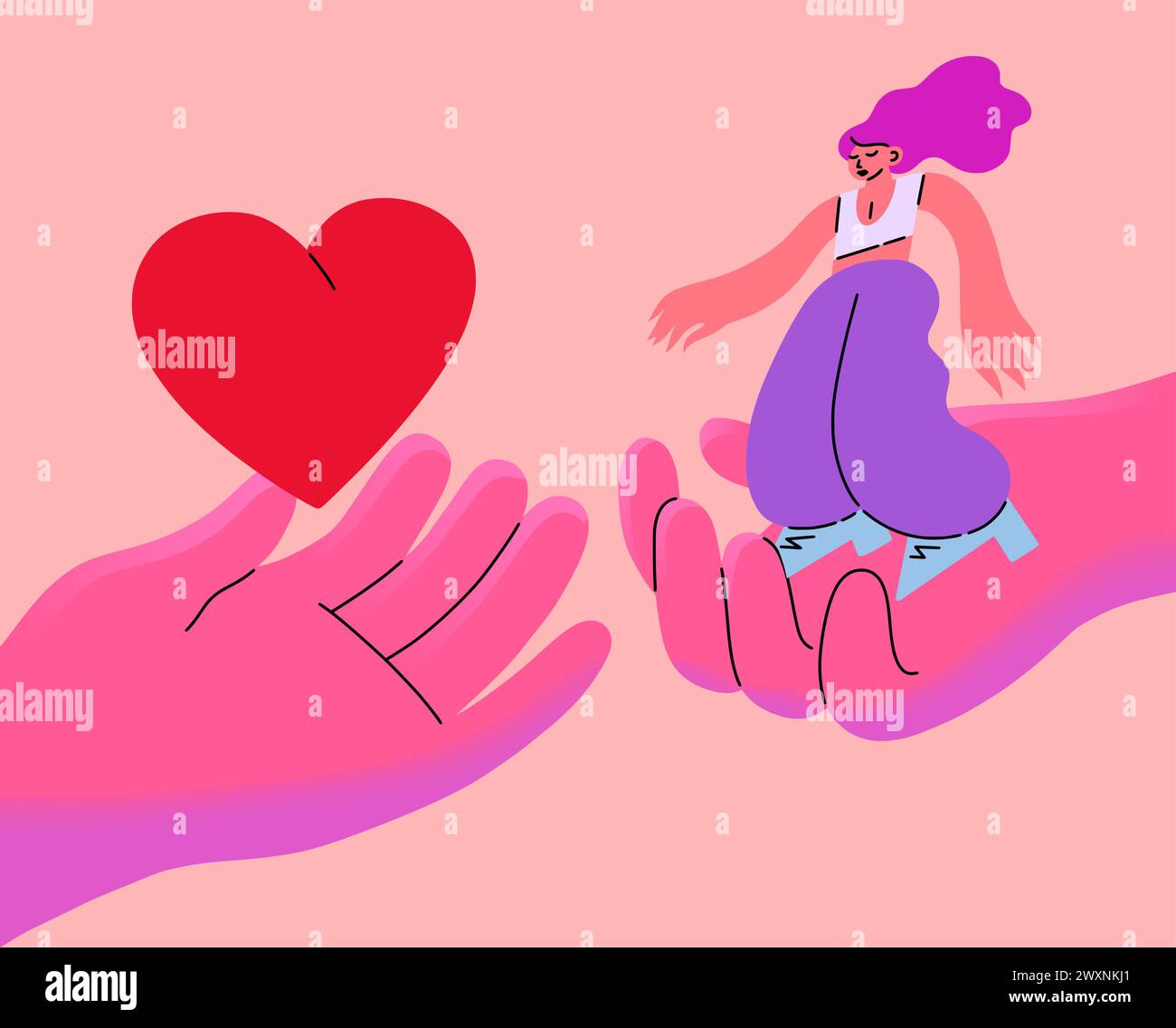 Help hand. Share and donate. Love heart on human palm. Woman empathy ...