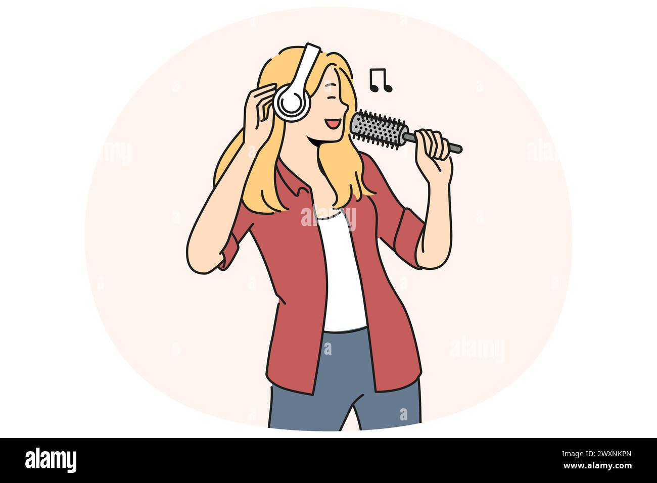 Smiling woman in headphones sing in hairbrush. Happy girl have fun ...