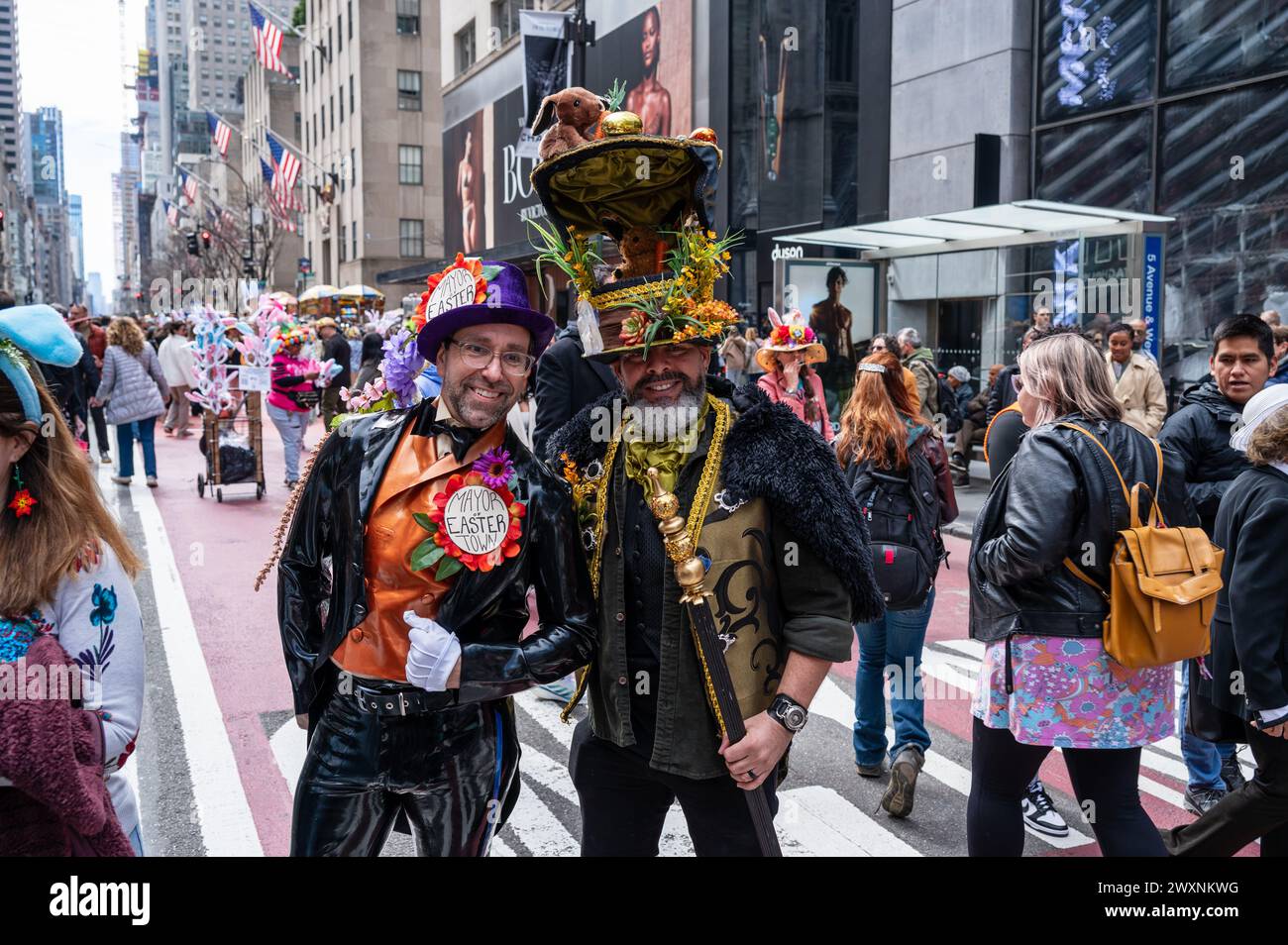 New York, New York, USA, 31 March 2024. Revelers stroll and pose along ...