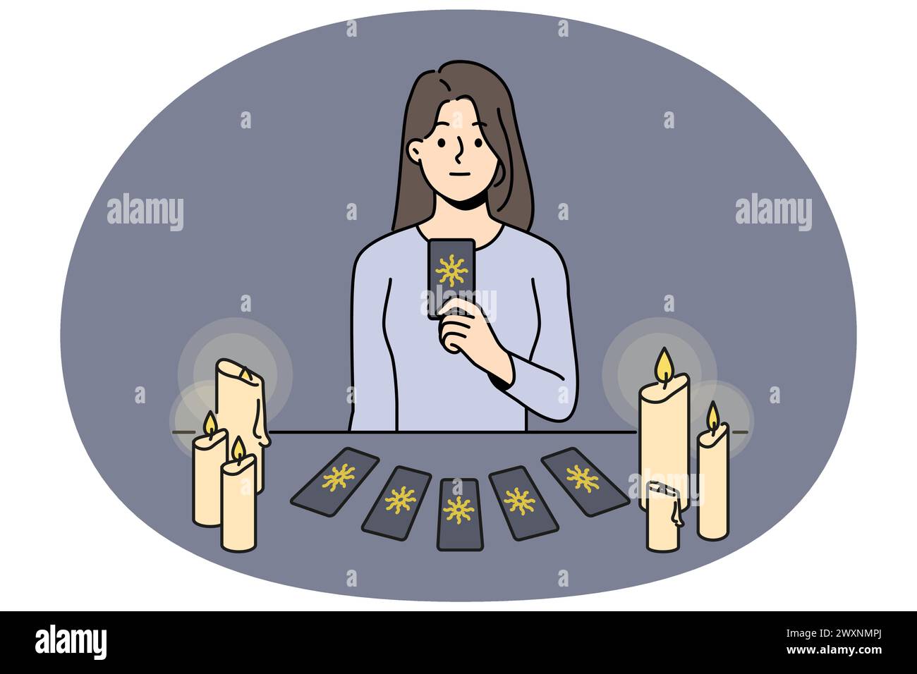 Female soothsayer sit at table with cards predict future. Witch or ...