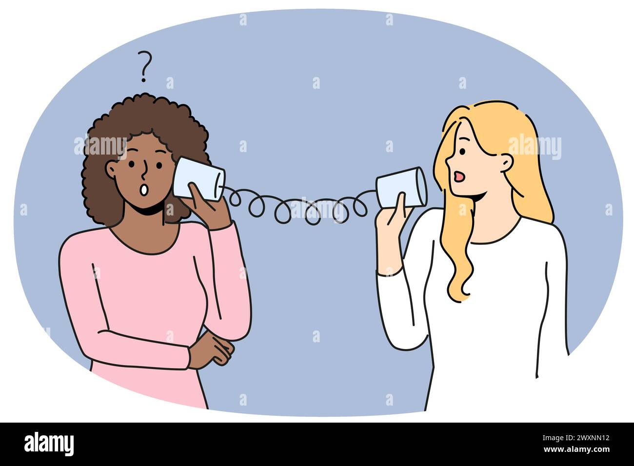 Diverse women talk with tin can telephone have misunderstanding ...