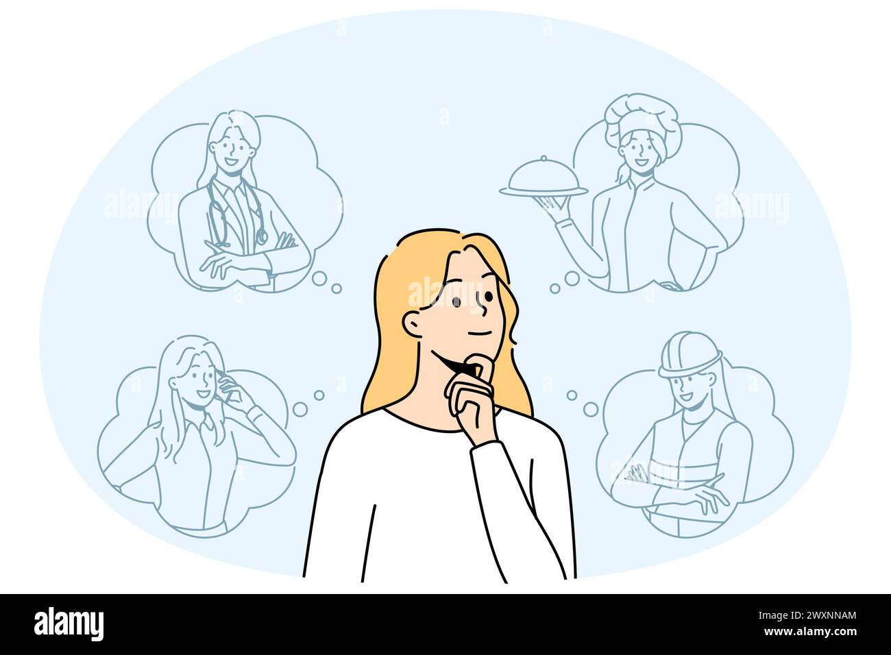 Smiling woman with occupations in speech bubbles think of career option ...