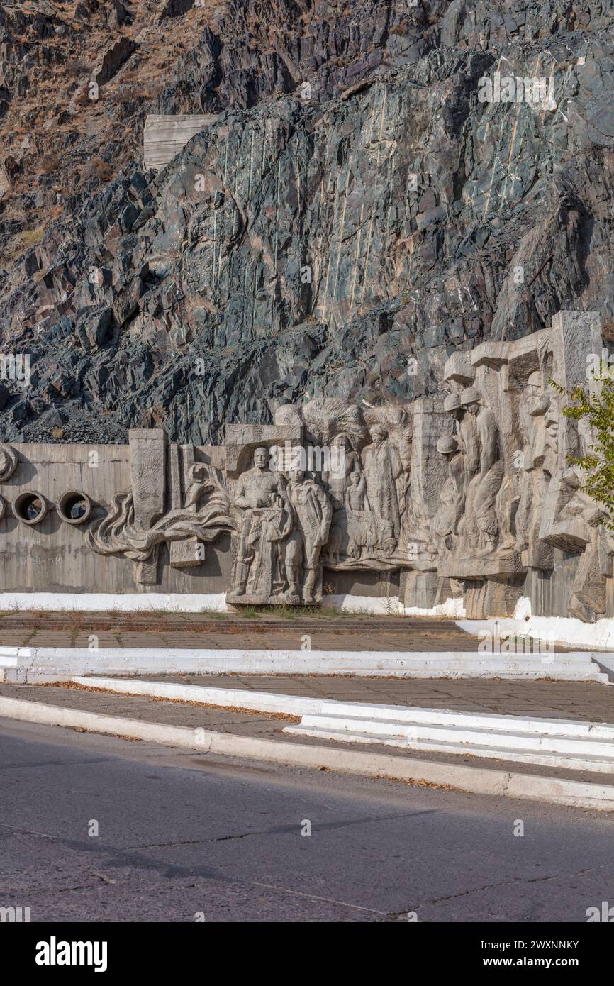 Soviet era reliefs at Kirov Reservoir, 1975, Talas region, Kyrgyzstan ...