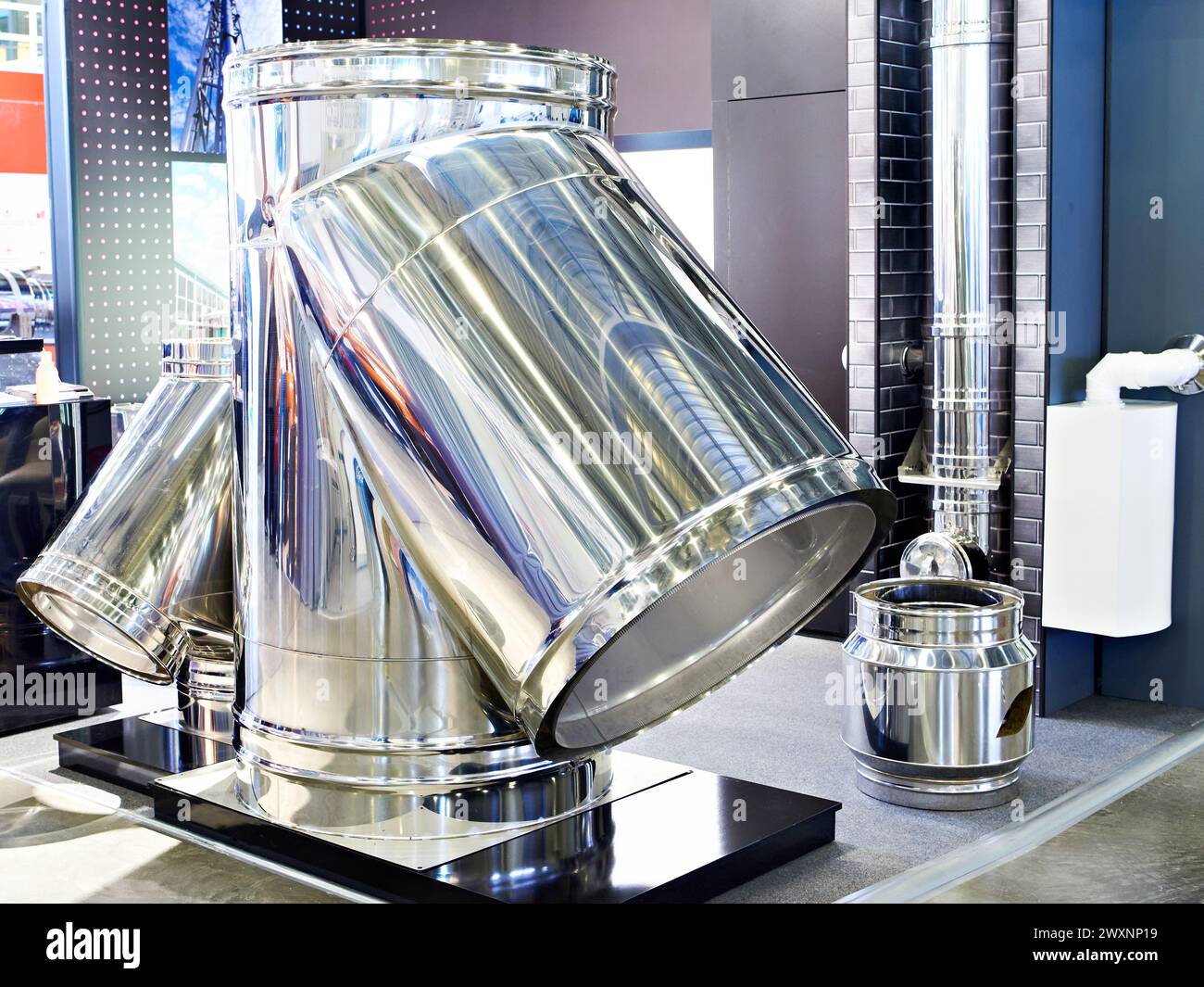Double wall stainless steel chimney on exhibition Stock Photo - Alamy