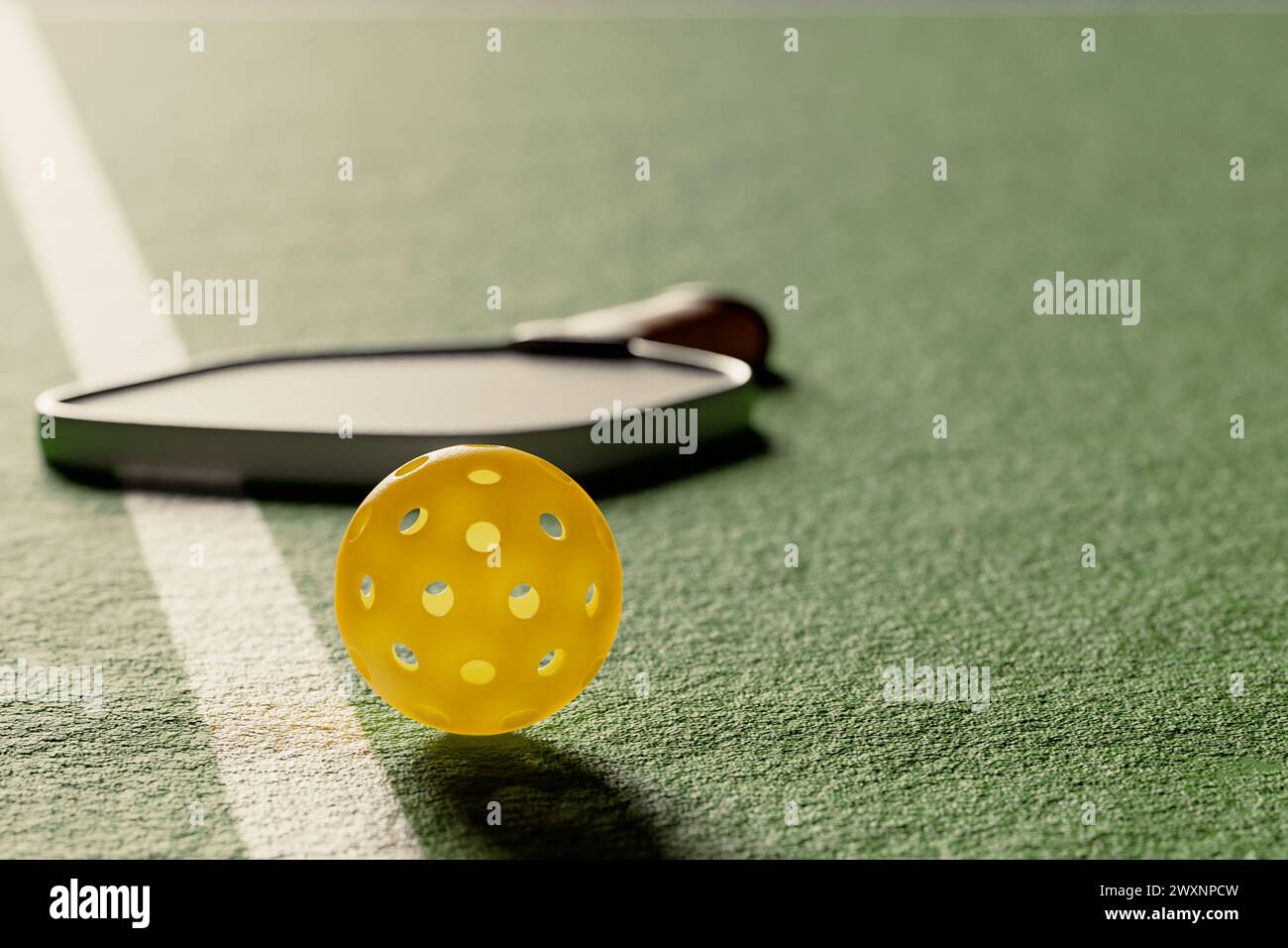 Pickleball racket and ball on the court floor. Bokeh blur 3d rendering ...