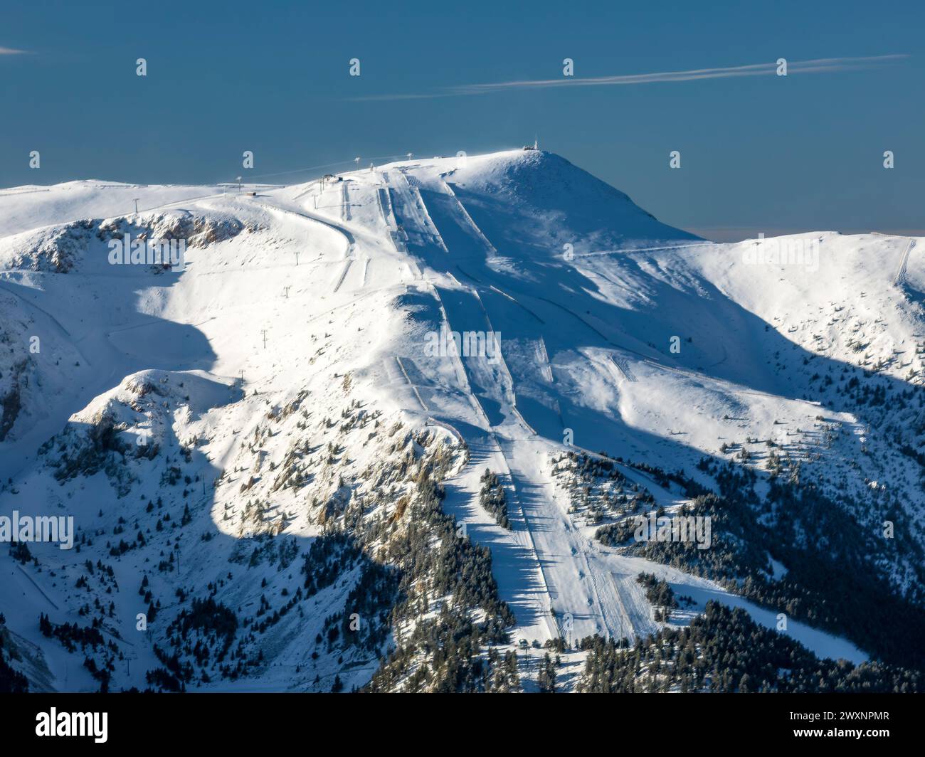 Aerial view of the summit of the snow-capped Tosa d'Alp (Cerdanya ...