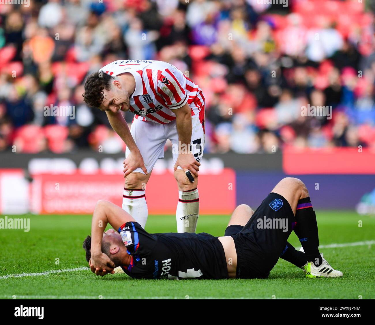 Stoke On Trent, UK. 01st Apr, 2024. Luke McNally of Stoke City laughs ...