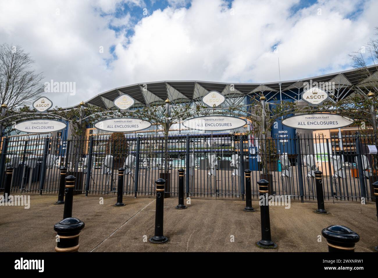 Ascot Racecourse, view of the Grandstand and entrance with turnstiles ...