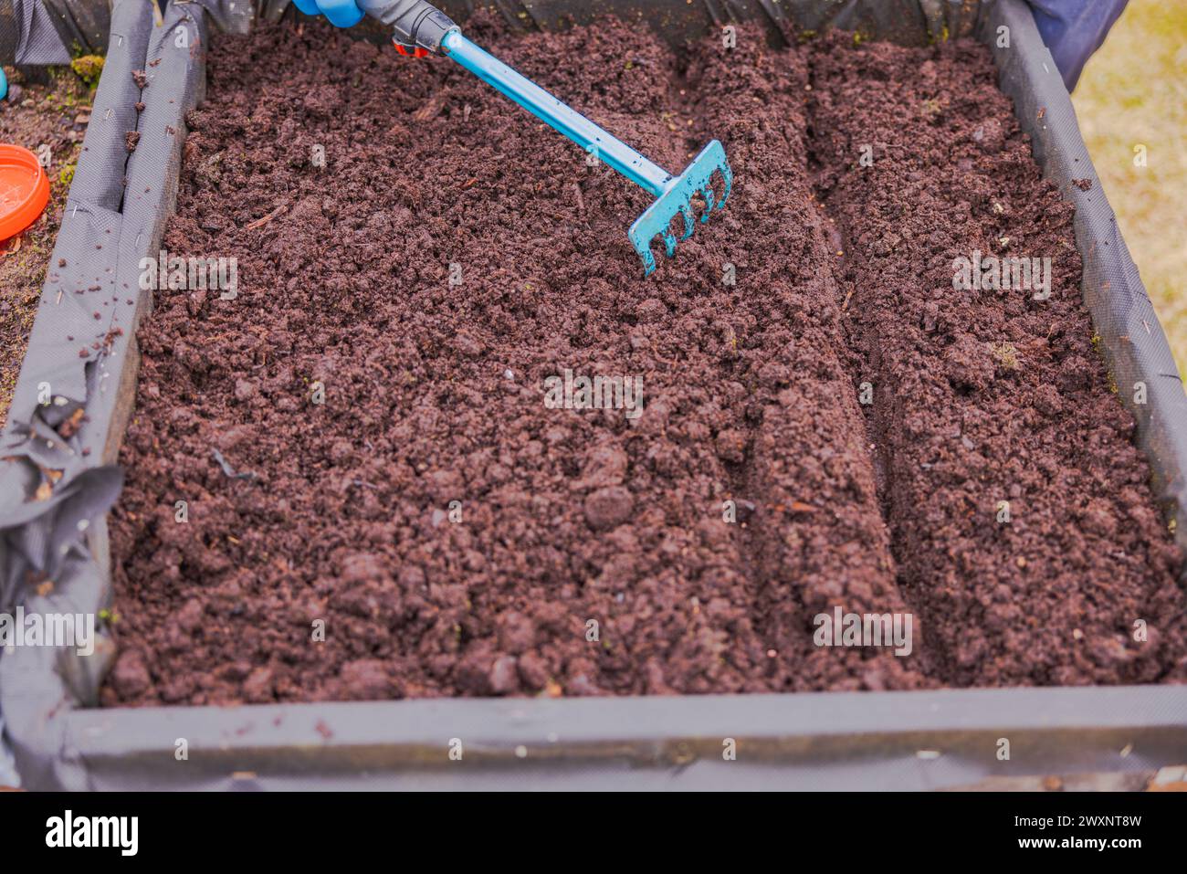 Man using garden rake to smooth the soil in garden bed after planting ...