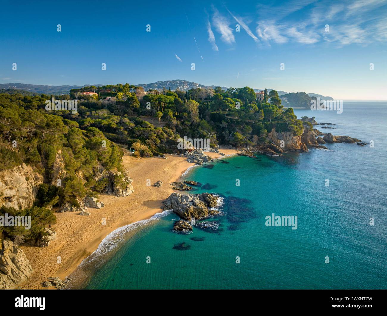 Aerial view of the beach of Sa Boadella cove, in Lloret de Mar, on the ...