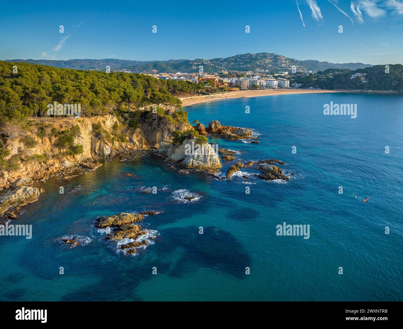 Aerial view of the coast with rocks and cliffs near the sea in Lloret ...