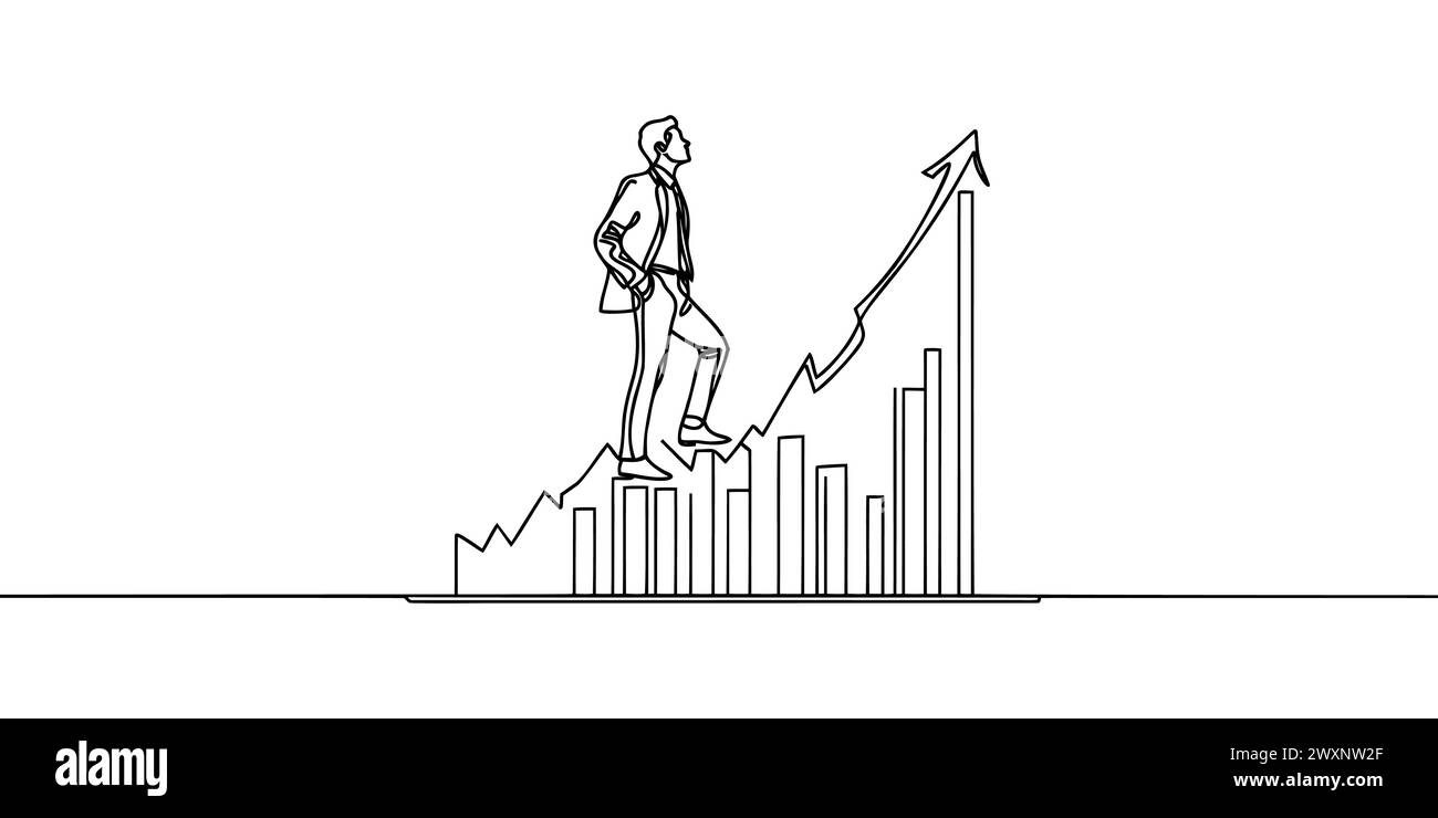 Continuous single line drawing. Businessman climbs the stairs to the ...