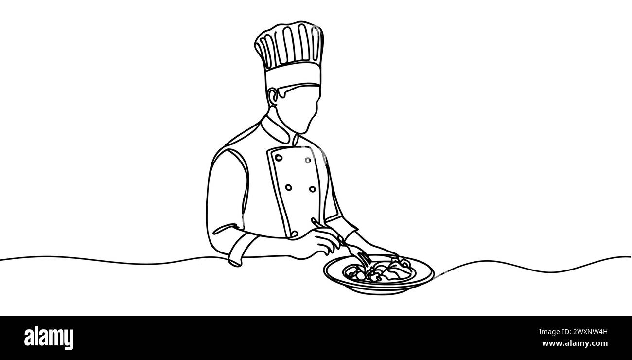 A chef pours condiments to the dish and do the garnishing. Continuous ...