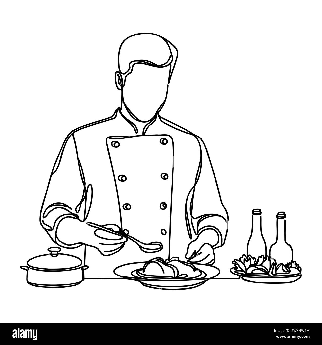 A chef pours condiments to the dish and do the garnishing. Continuous ...