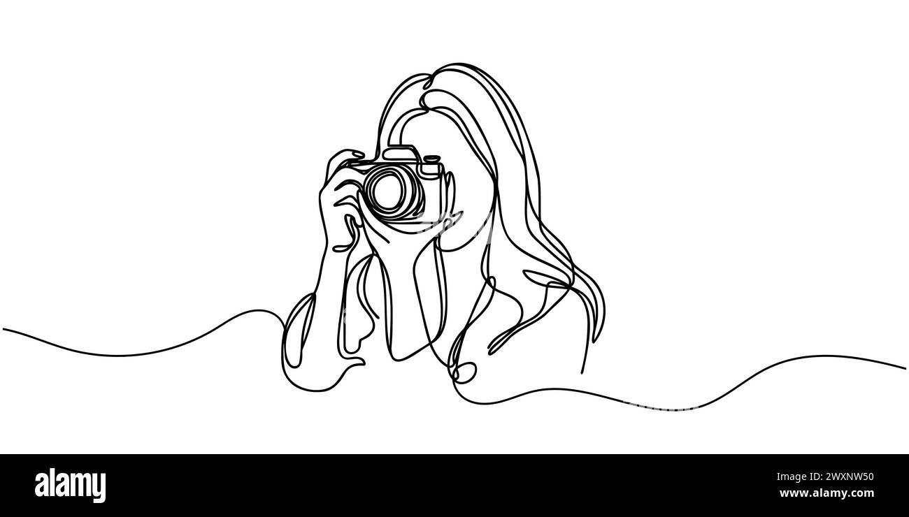The girl takes pictures with the camera. One line is continuous. Vector ...