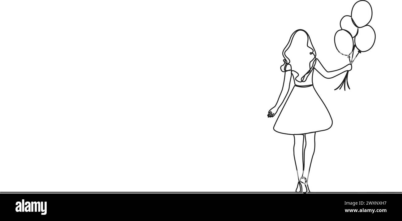 continuous single line drawing of young woman with balloons, line art ...