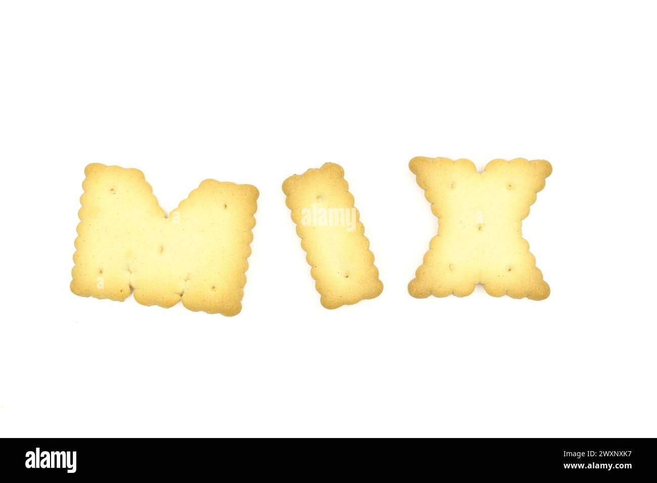 Capital letter shaped biscuits forming word mix isolated on white ...