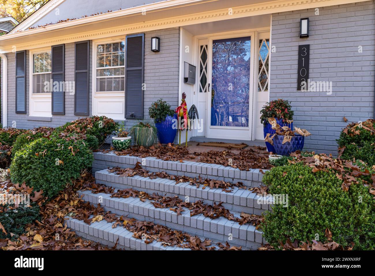 Front porch and stairs of house covered deeply in fall leaves, home ...