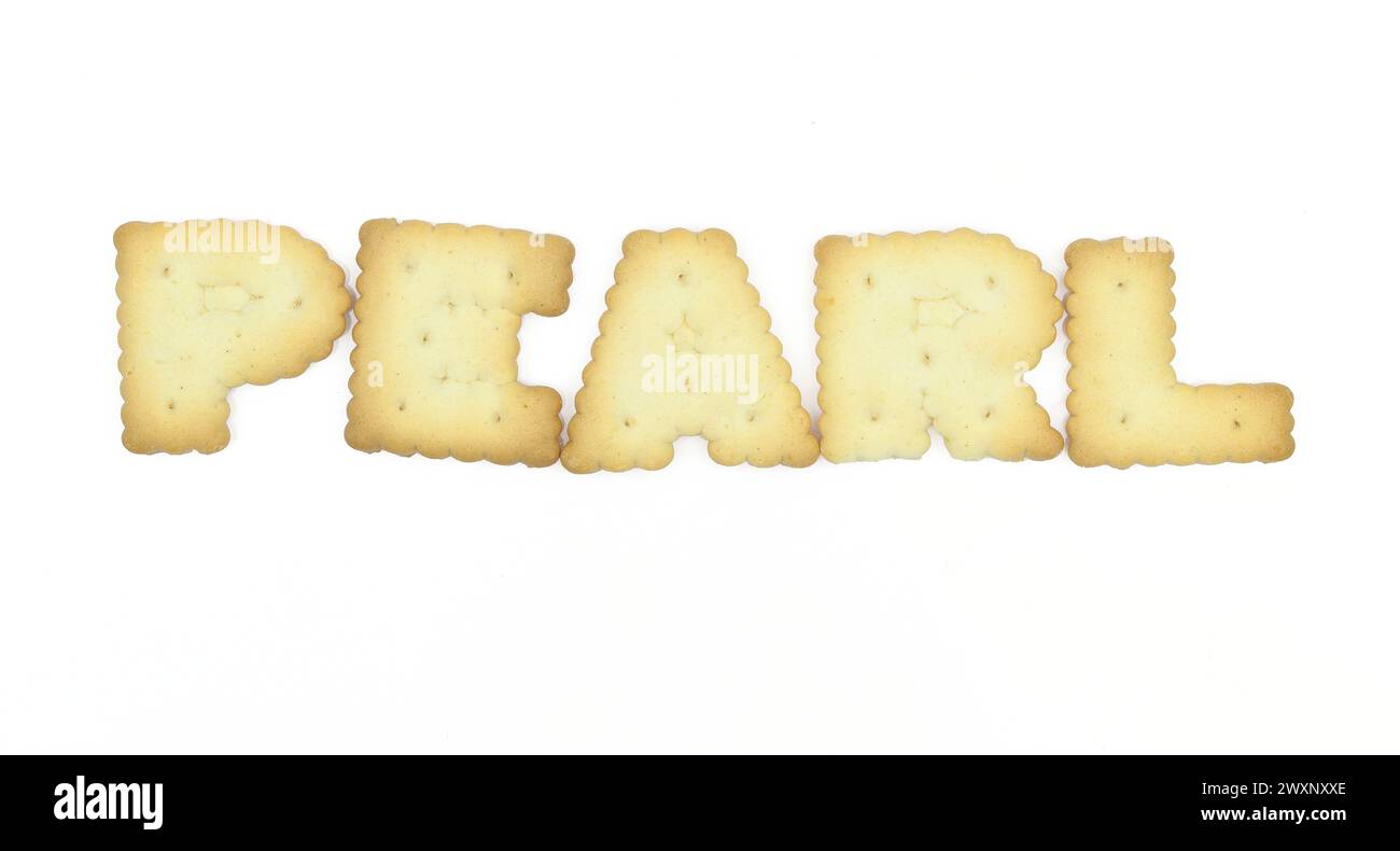 Capital letter shaped biscuits forming word PEARL isolated on white ...