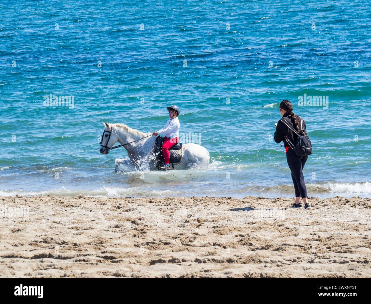 Mijas, Malaga, Spain. 03/15/2024. Traditional concentration of horse riders on the beach of La ...