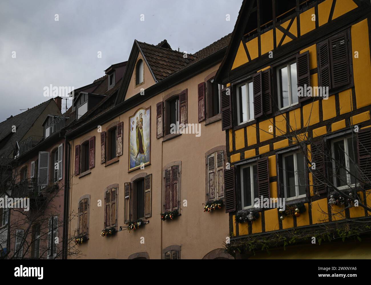 Scenic facade view of a typical Alsatian half-timbered house in ...