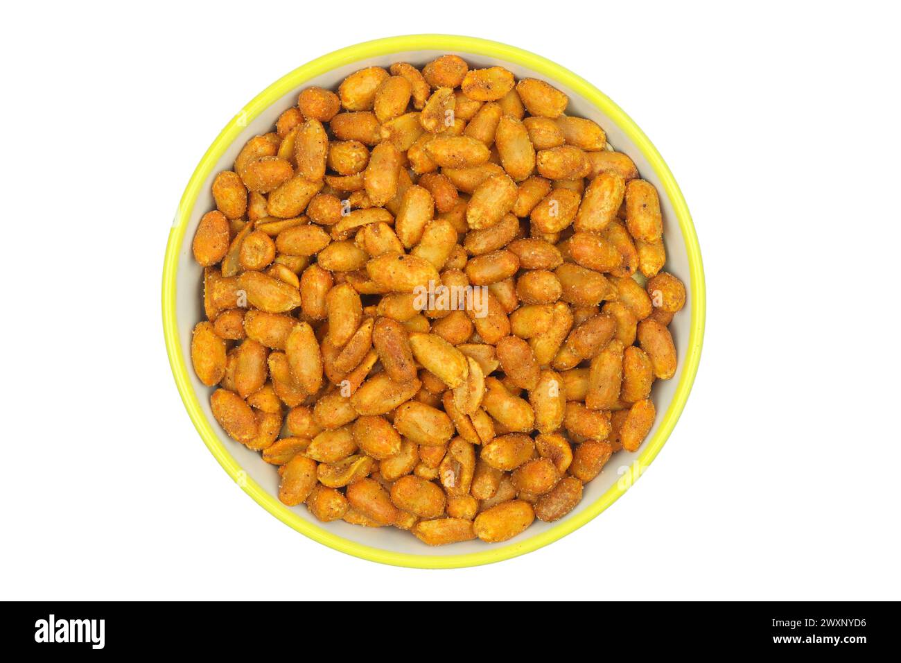 Bowl full of chilli flavour coated peanuts isolated on white background ...